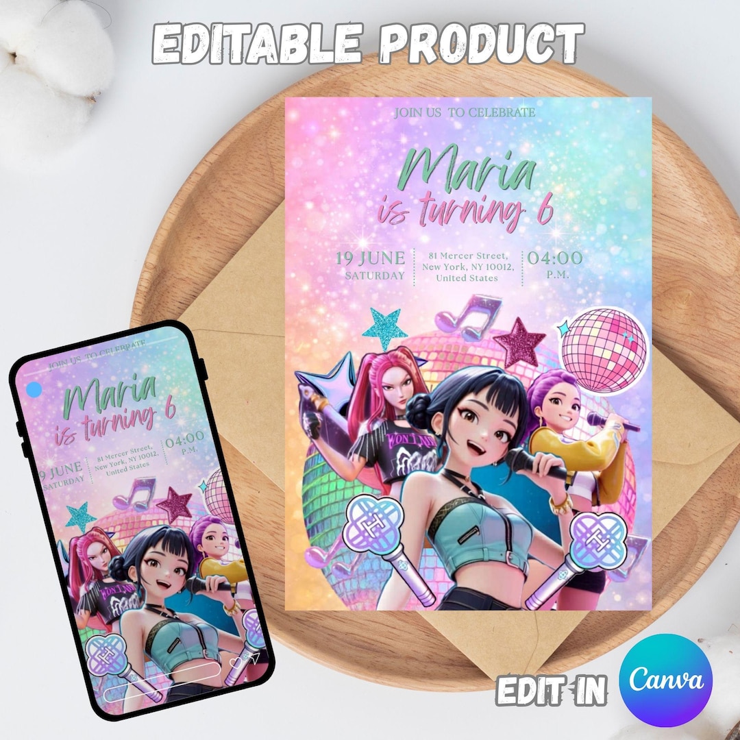 Kpop Demon Hunters Birthday Invitation, Editable Girls Kids Kpop Party ...