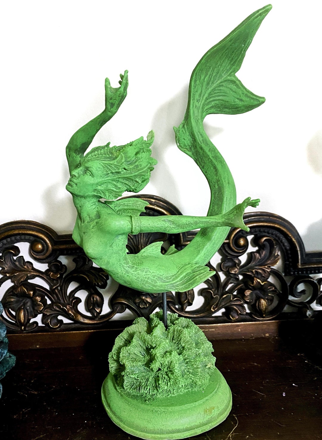 Mermaid Statue, Hand Painted Resin Sculpture, Jade Finish Mythical ...