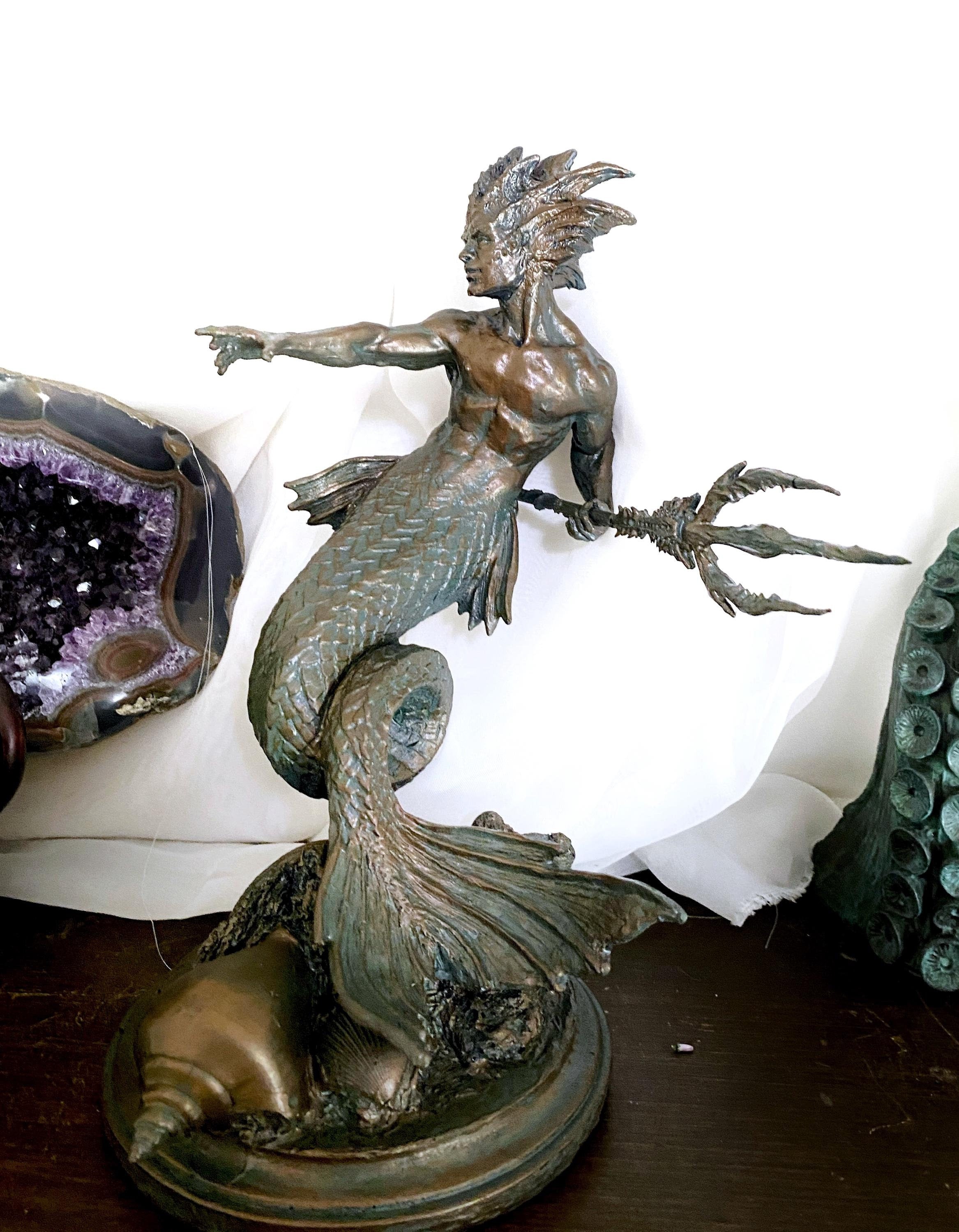 Merman/ Triton Statue, Hand Painted Resin Sculpture | Mythical Creature ...