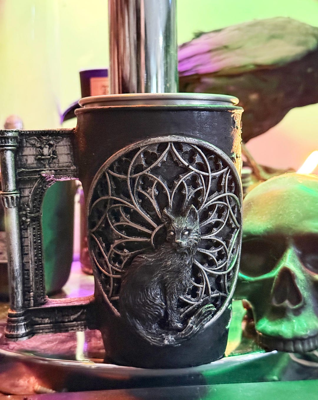 Cat and Gothic Cathedral Window Mug, Hand Sculpted Resin Gothic Art Mug ...