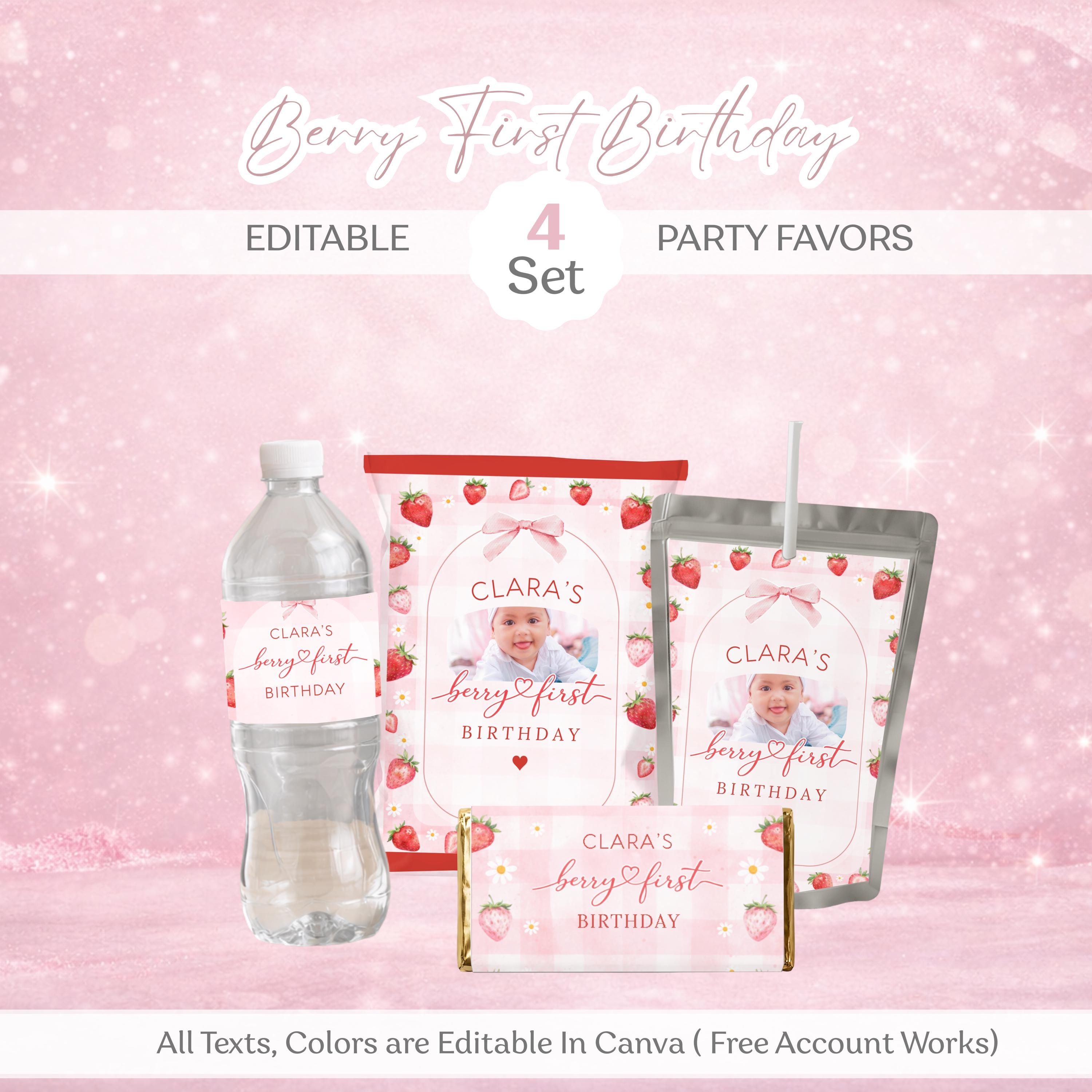 EDITABLE Berry First Birthday Party Favor Bundle, Strawberry Chip Bag ...