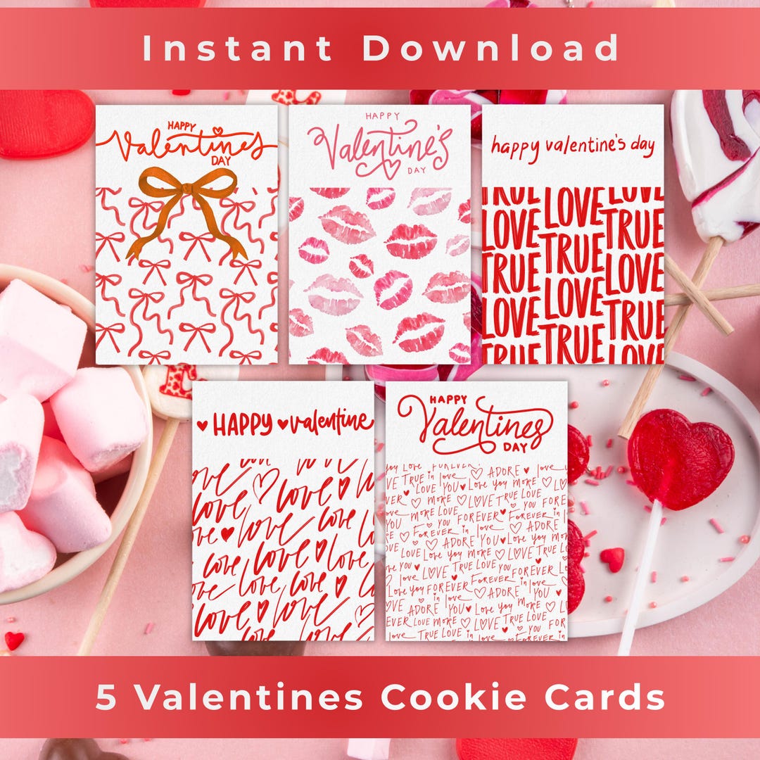 Valentine's Day Cookie Cards, Printable Mini Cookie Card Bundle 3.5 X 5 ...