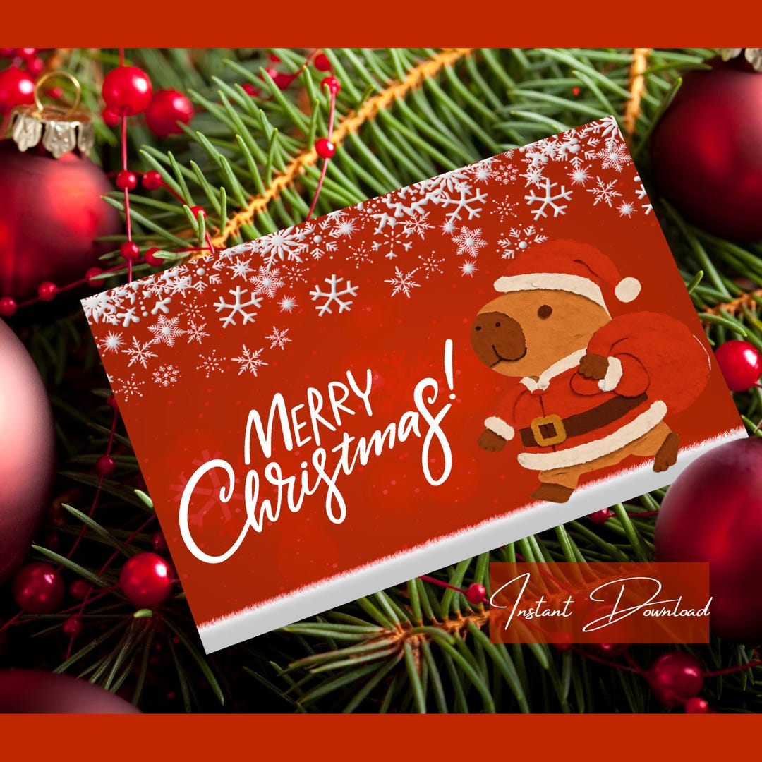 Capybara Santa Merry Christmas Card, Holiday Greeting Card (PDF) - Etsy