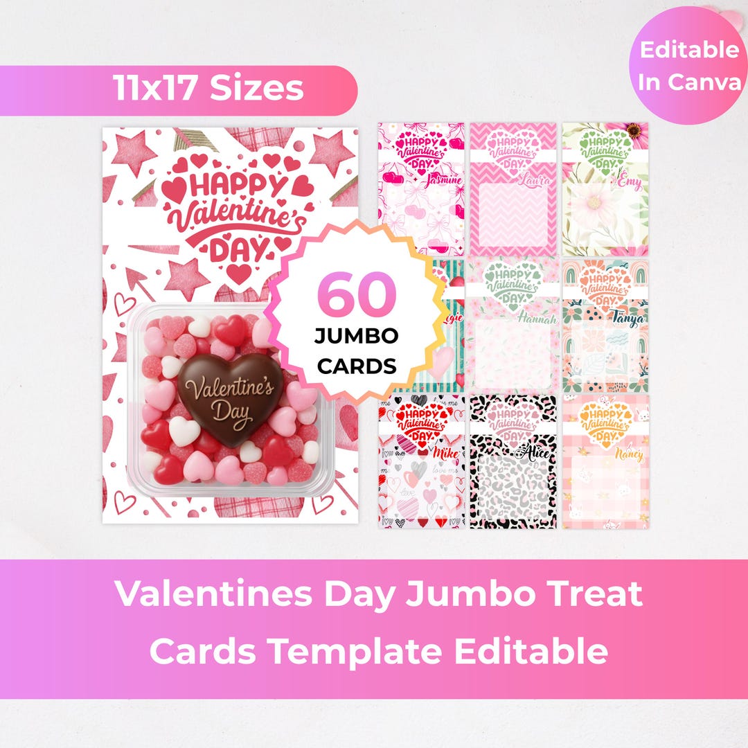 60 Valentine Jumbo Cards Canva Editable Template, Valentine's Day Jumbo ...
