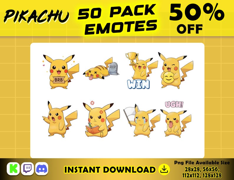 Pikachu Emotes Twitch Pokemon Pack – 50 Cute Reactions – Instant ...
