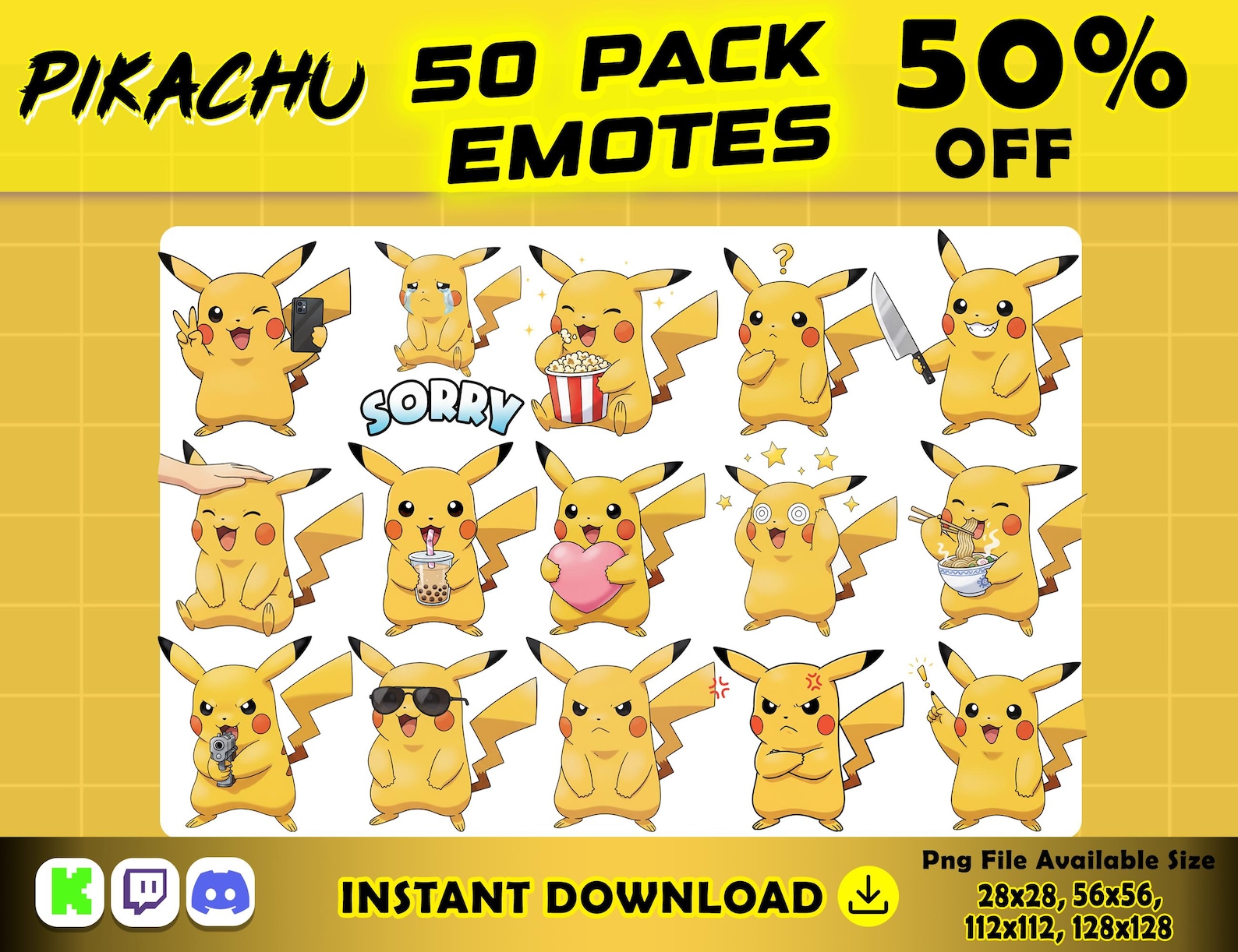 Pikachu Emotes Twitch Pokemon Pack – 50 Cute Reactions – Instant ...