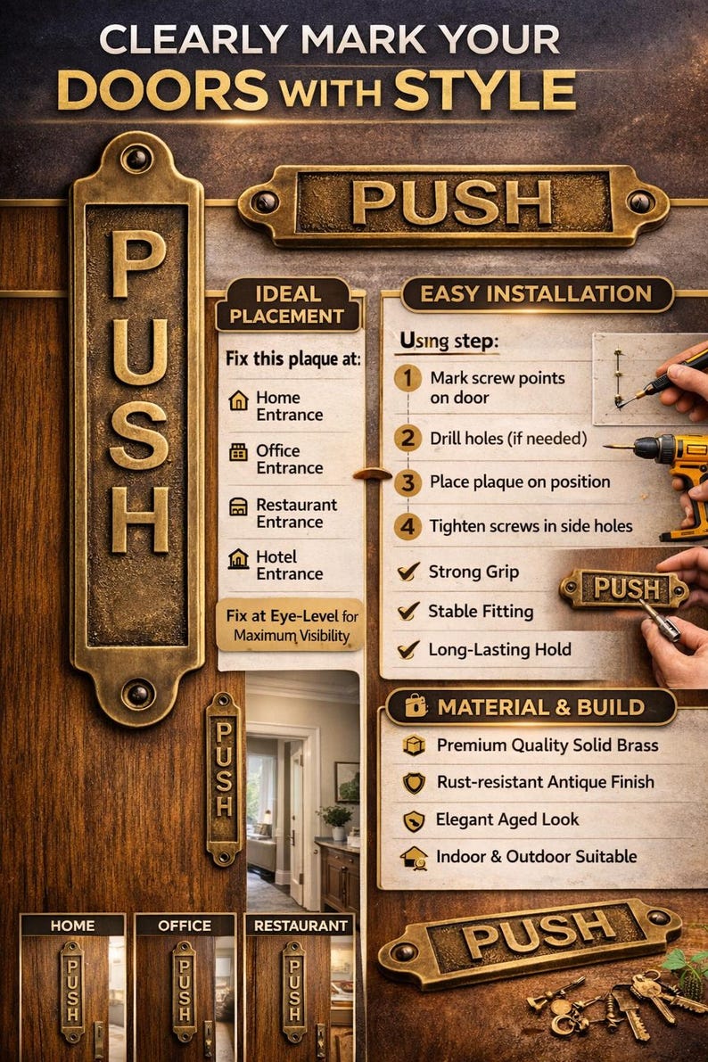 Handmade Brass PUSH Door Sign: Vintage Style Plate - Antique Finish ...