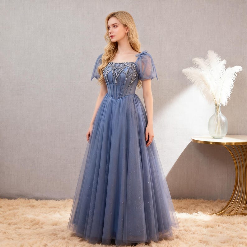 Blue Tulle Long Prom Dress, Blue Evening Gown, Stunning Prom Dress ...