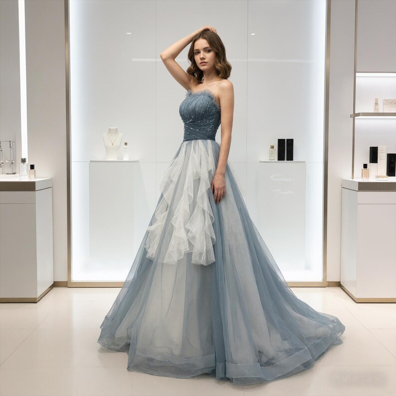 Ethereal Dusty Blue & White Tulle Ball Gown Strapless Evening Dress ...