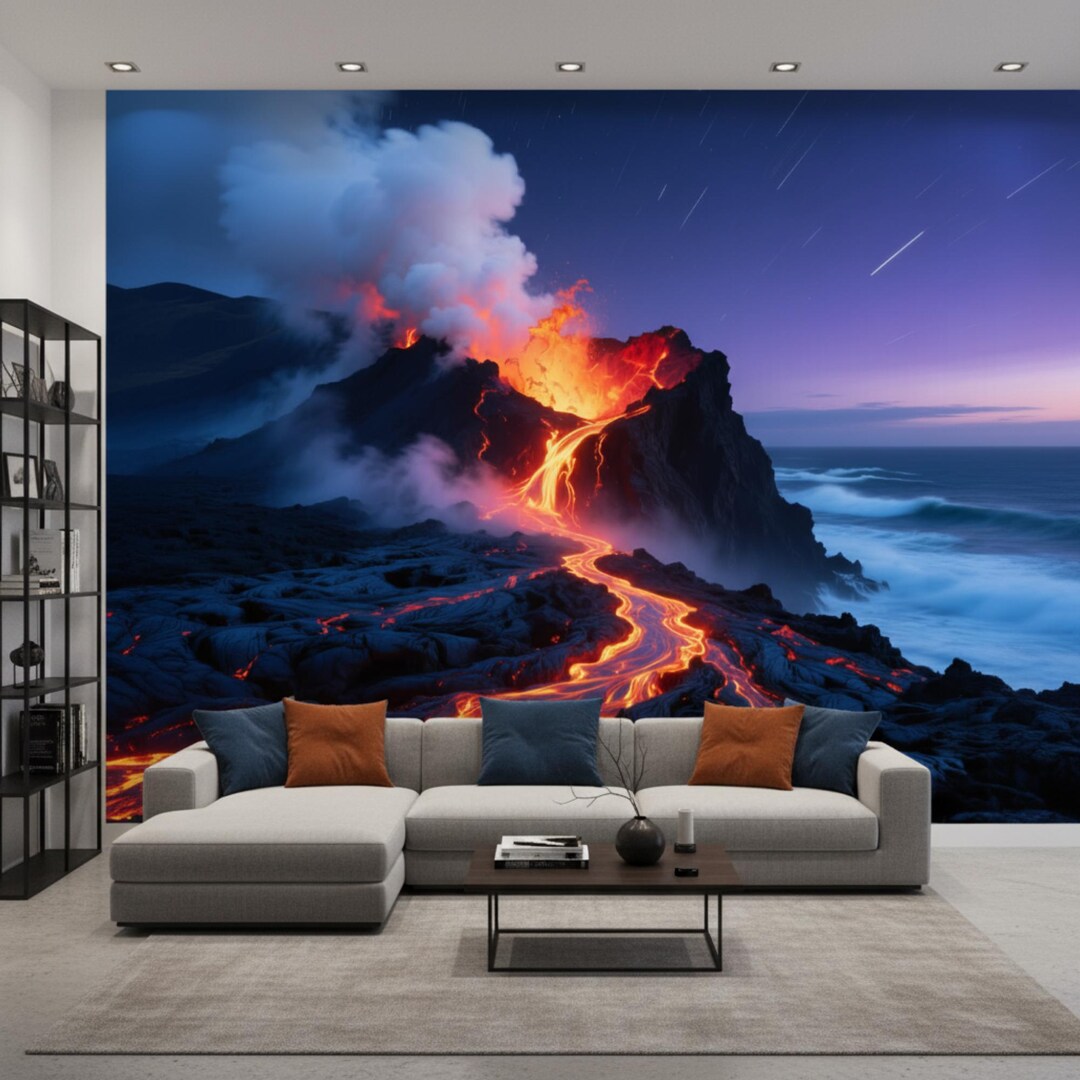 Volcano Eruption Wall Mural, Fiery Lava Landscape Wallpaper, Dramatic ...