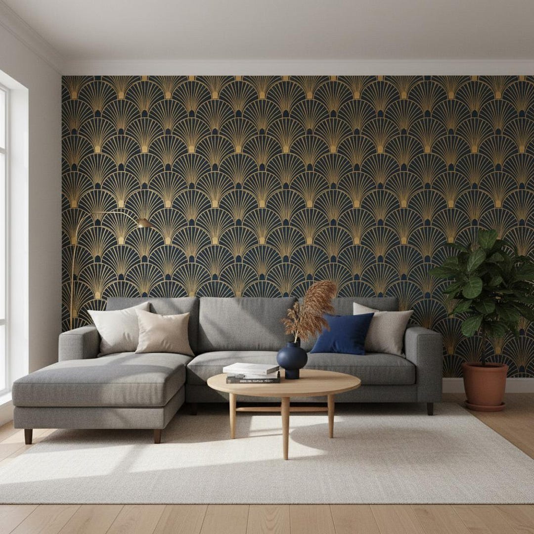 Art Deco Gold Fan Pattern Wallpaper – Glam Retro Geometric Wall Design ...