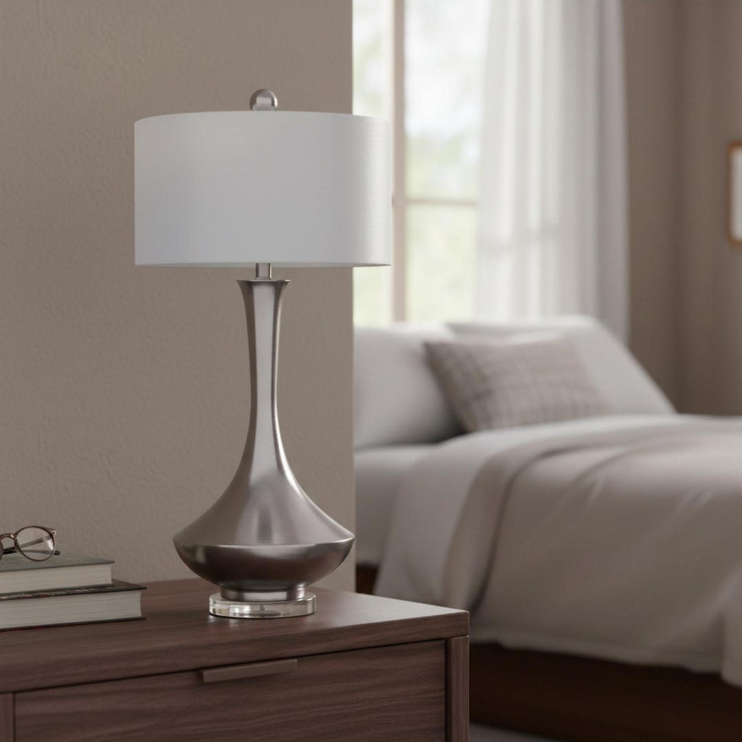 Modern Small Table Lamp With White Fabric Shade, Brushed Metal Base ...