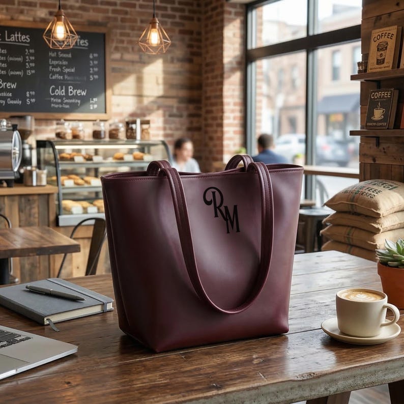 Custom Monogram Vegan Leather Tote Bag Minimalist Waterproof Shoulder ...
