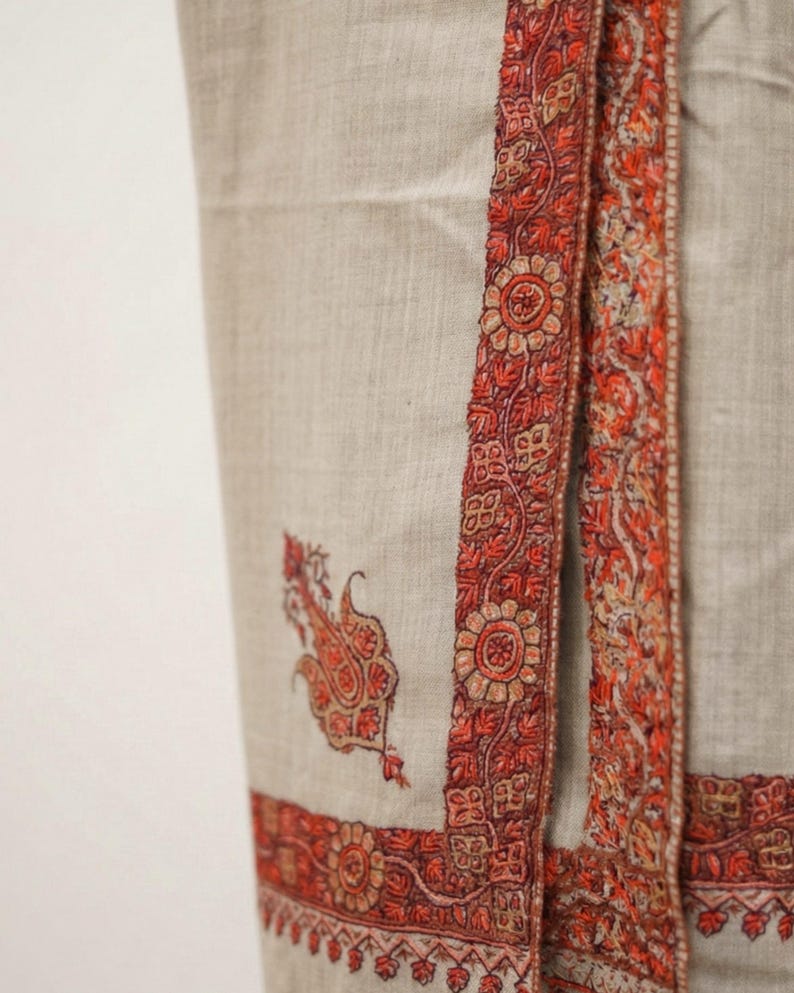 Kashmiri Sozni Shawl, Natural Tusha Wool Wrap, Red Needle Work ...