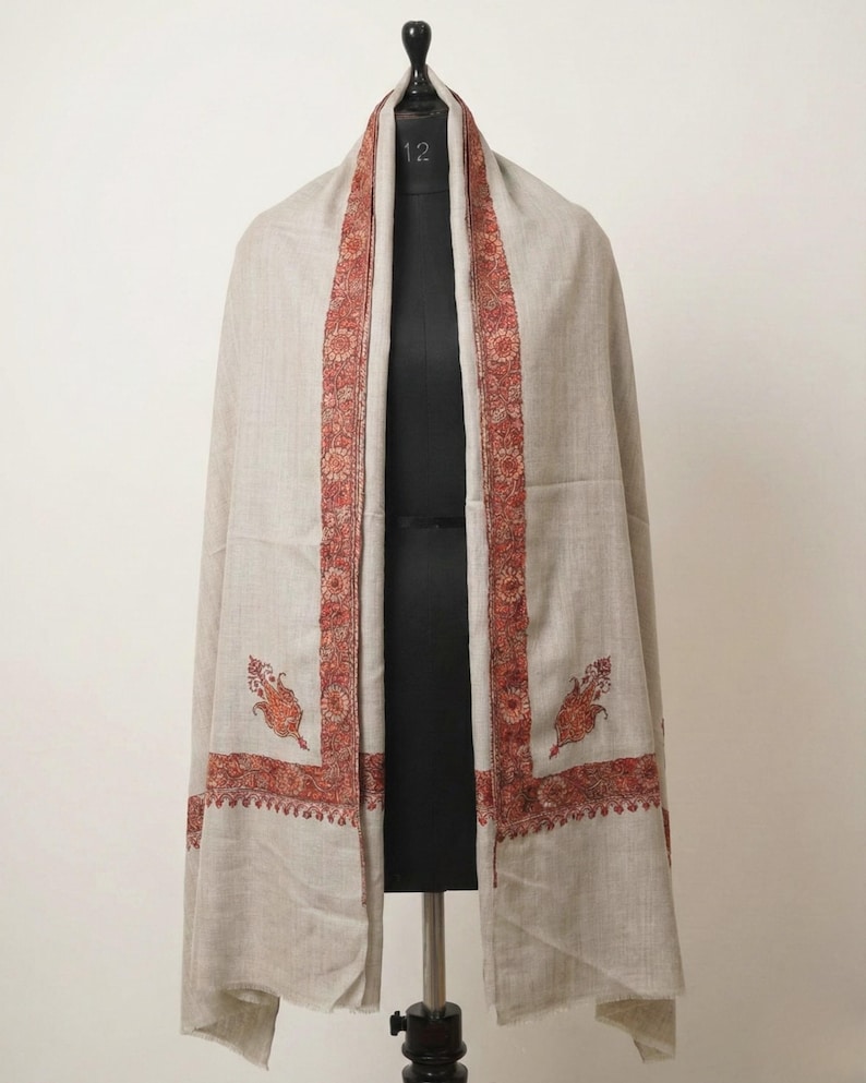 Kashmiri Sozni Shawl, Natural Tusha Wool Wrap, Red Needle Work ...