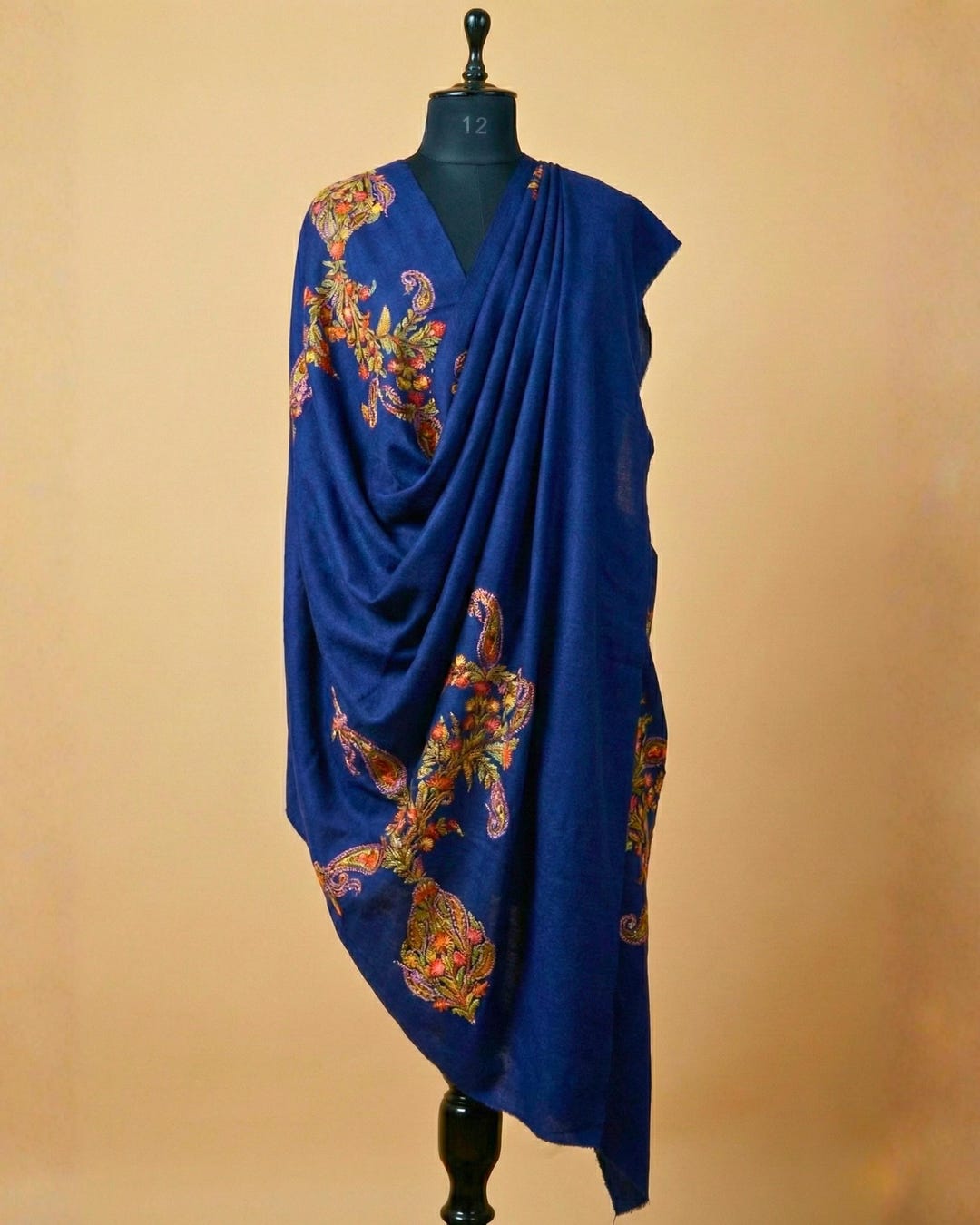 Royal Blue Kashmiri Shawl, Aari Embroidered Wool Wrap, Floral Tusha ...