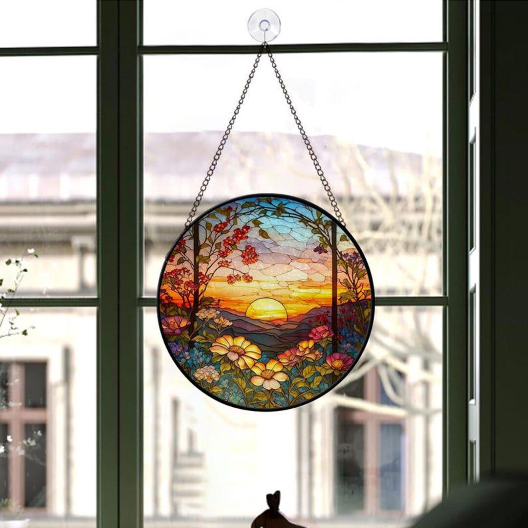 Stained Glass Mountain Range Suncatcher, Sunset Scenery Window Hangings ...