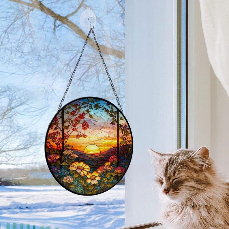 Stained Glass Mountain Range Suncatcher, Sunset Scenery Window Hangings ...