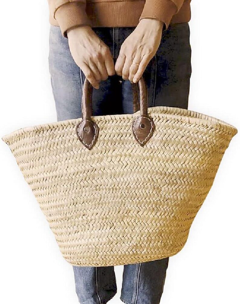 Handwoven Palm Leaf Bag French Market Tote Moroccan Basket Leather ...