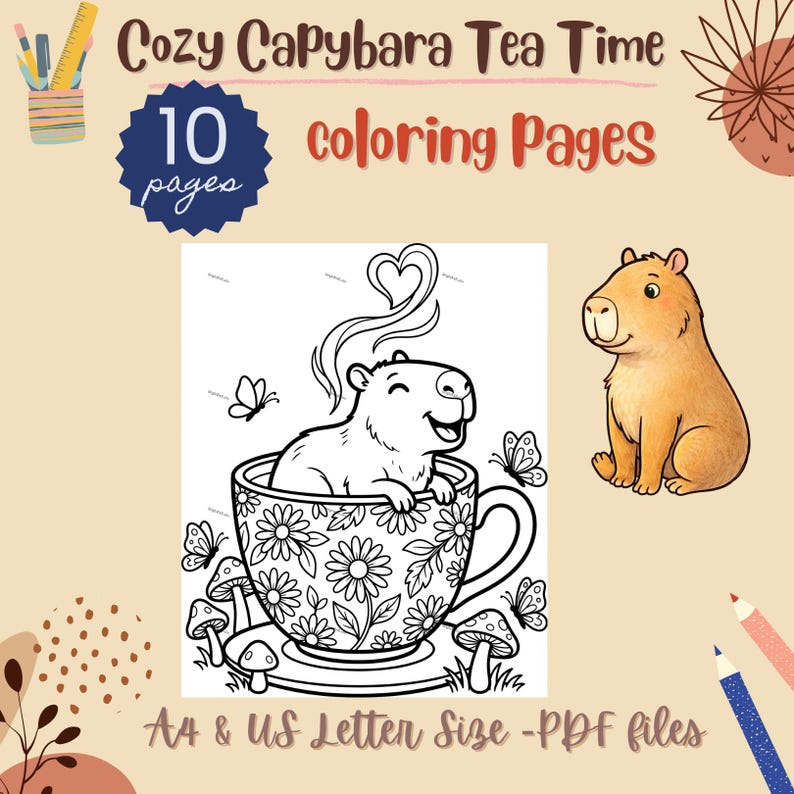 Cozy Capybara Tea Time Coloring Pages PDF, Animal Party Coloring Sheet ...