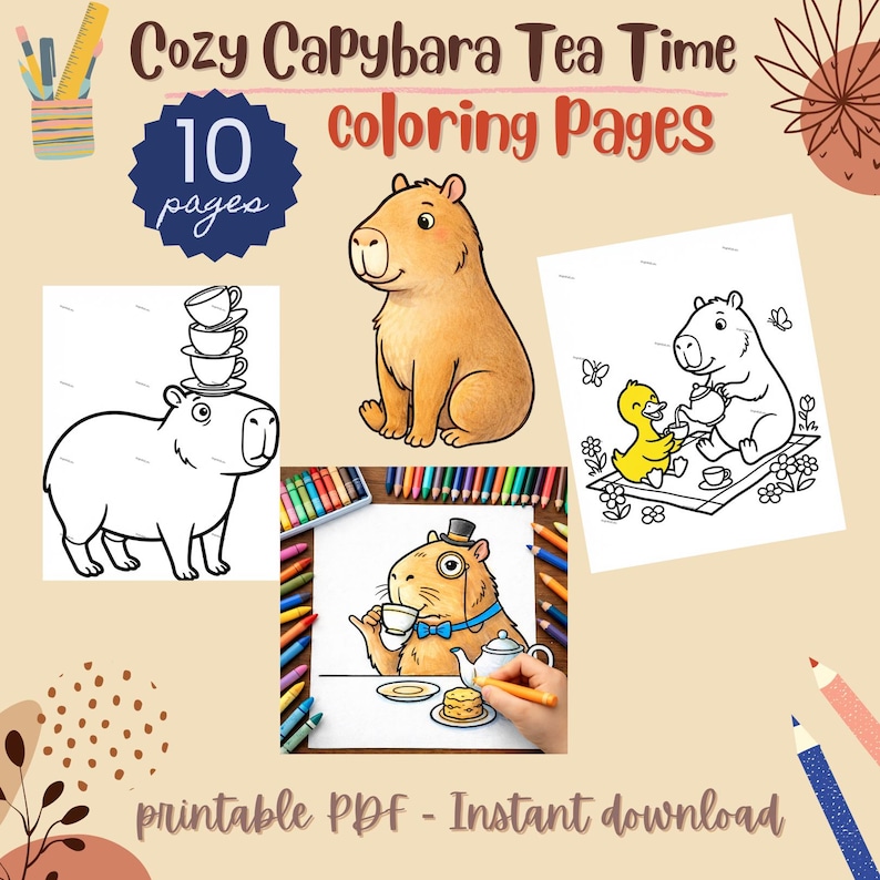 Cozy Capybara Tea Time Coloring Pages PDF, Animal Party Coloring Sheet ...