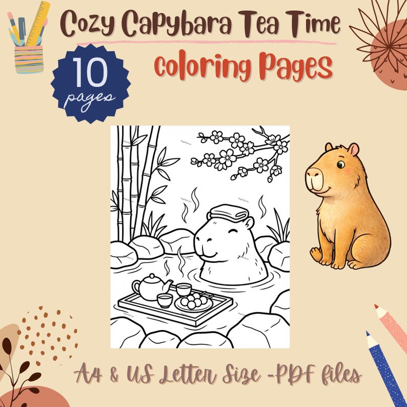 Cozy Capybara Tea Time Coloring Pages PDF, Animal Party Coloring Sheet ...