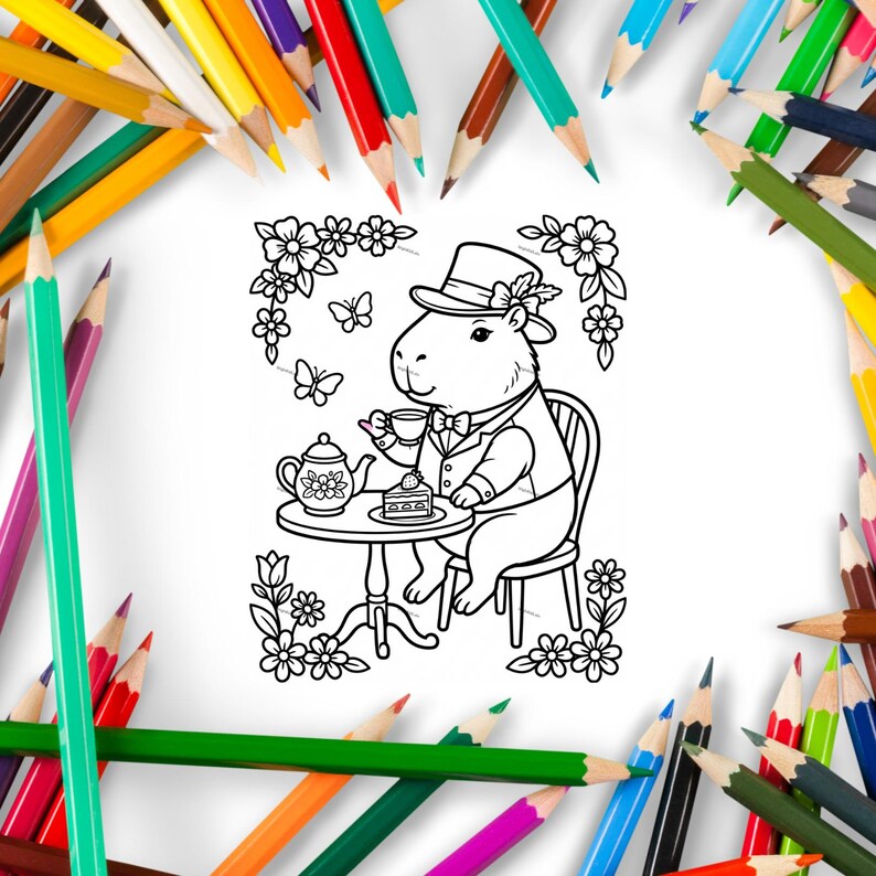 Cozy Capybara Tea Time Coloring Pages PDF, Animal Party Coloring Sheet ...