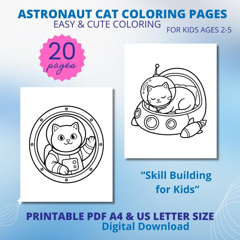 Astronaut Cat Coloring Pages for Kids, Fun Space Kitty Printable (PDF ...