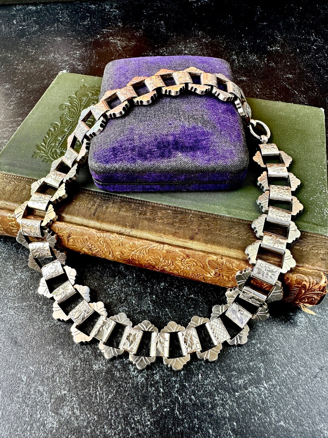 Antique Sterling Silver Victorian Book Chain Collar Necklace, Hand ...