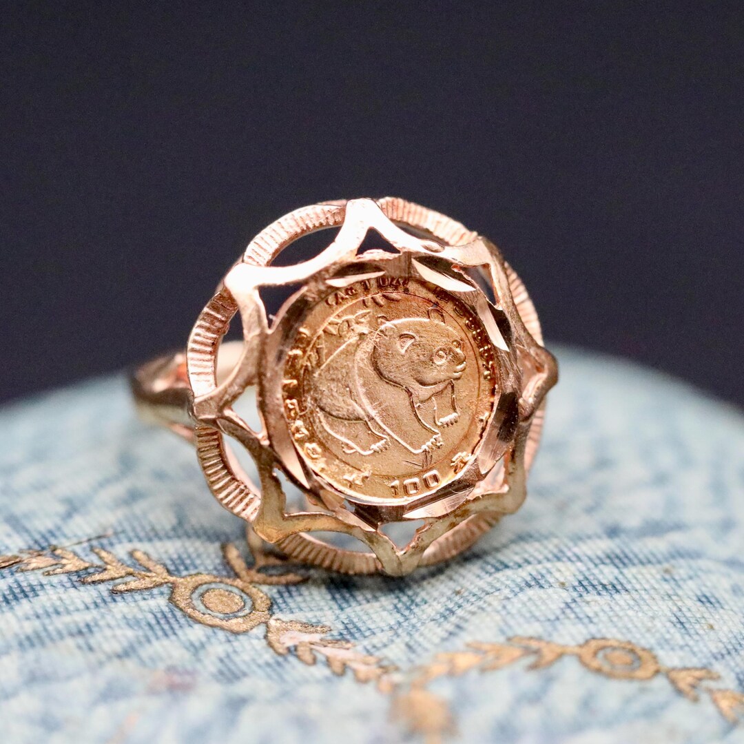 Chinese Antique Solid Gold Panda Coin Ring, Vintage 10k Gold Lucky Coin ...