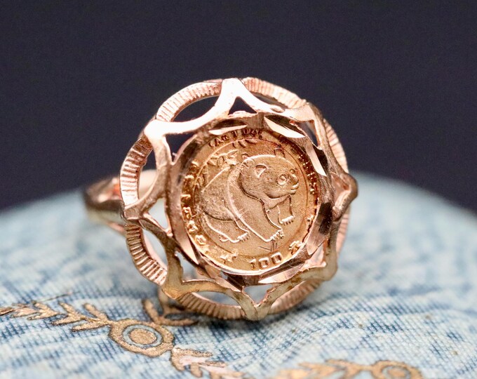 Vintage Gold Panda Coin Ring • 10k Solid Gold Pinky Ring • 22k Chinese ...
