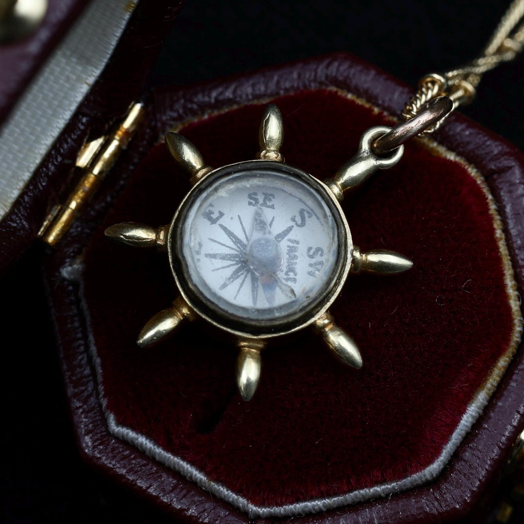 14k Gold Compass Charm Pendant Necklace, Solid Gold Traveler Necklace ...