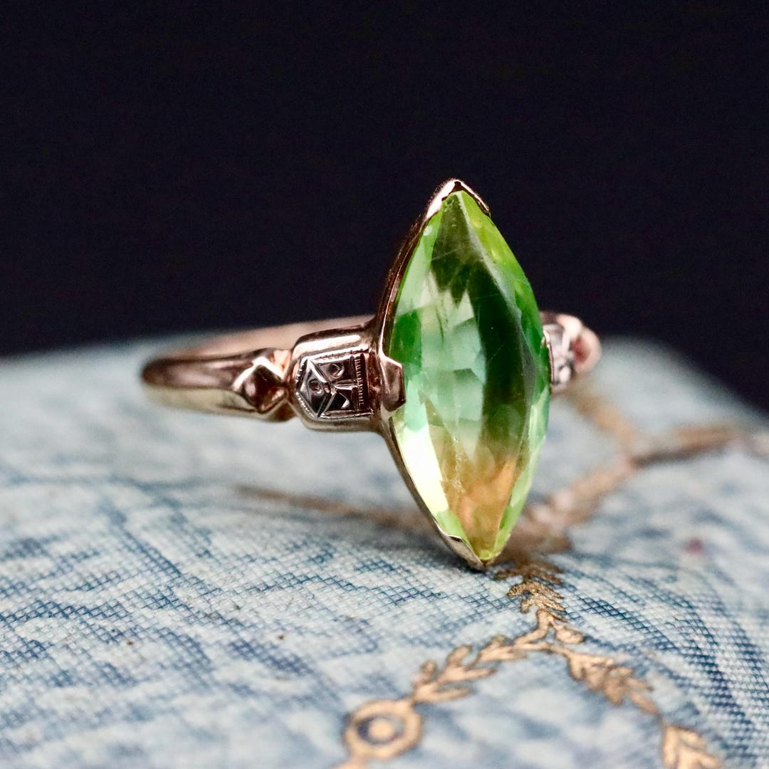 Antique Uranium Glass 10k Gold Art Deco Ring, Unique Solid Gold Green ...