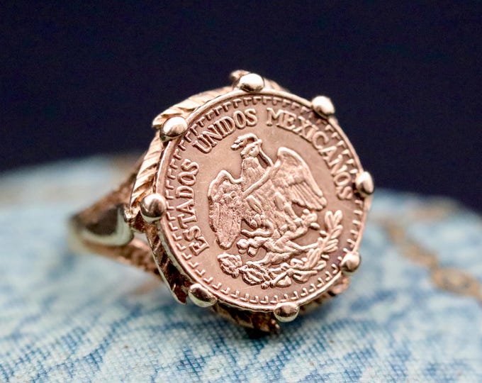 Vintage 22k Gold Dos Pesos Coin Signet Ring, Estate Solid Gold Pinky ...