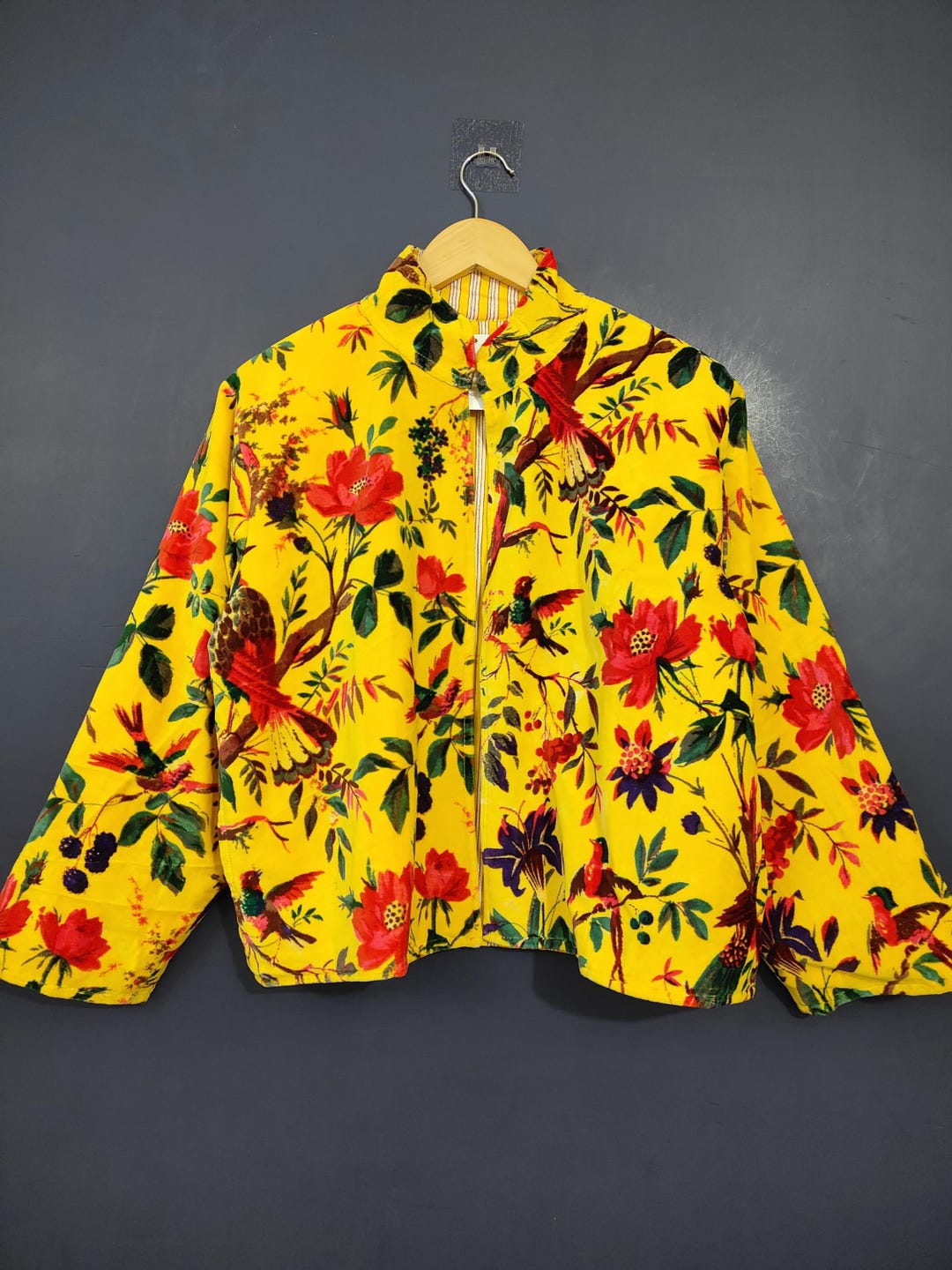 Yellow Velvet Reversible Jacket | Bright Floral Bird Winter Coat ...