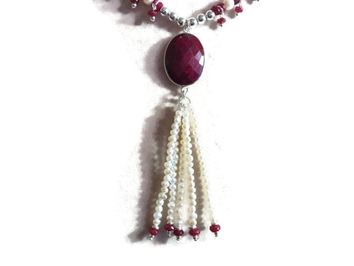 Handmade Ruby & Pearl Necklace - Sterling Silver Tassel Jewelry - Etsy