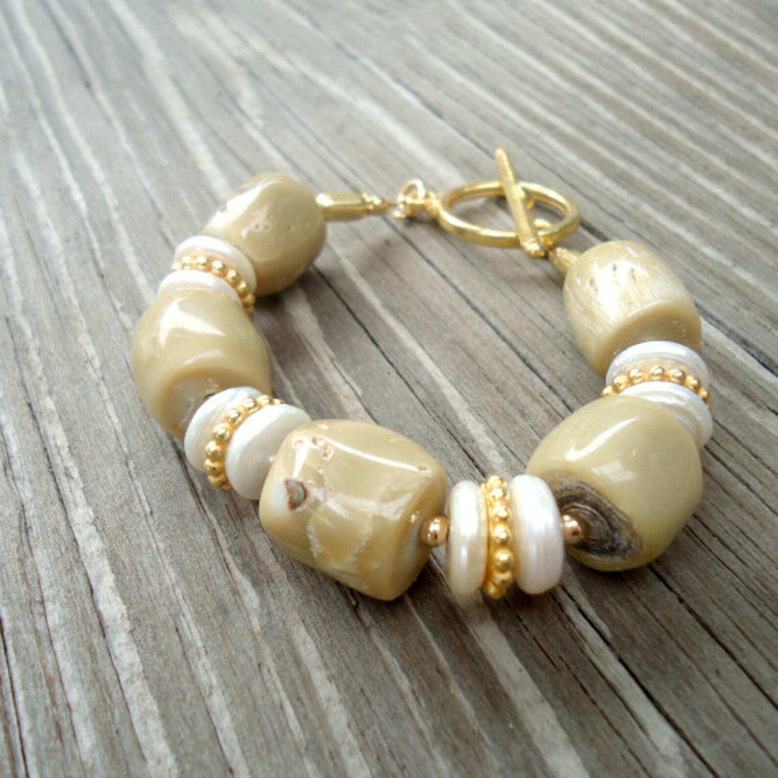 Tan Coral Bracelet - White Pearl Gemstone Jewellery - Gold Jewelry ...