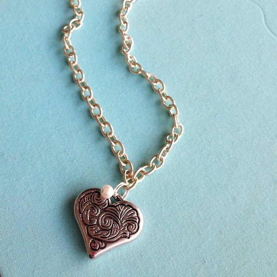 Silver Heart Necklace Valentine Jewelry Chain Jewellery Pearl | Etsy