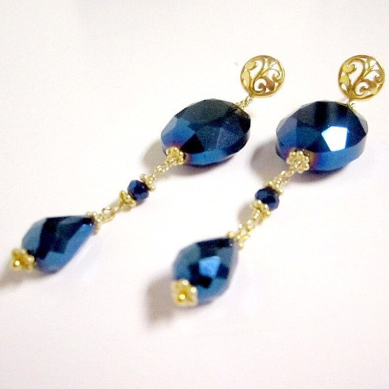 Blue Crystal Dangle Earrings - 24k Gold Vermeil, Filigree - Etsy