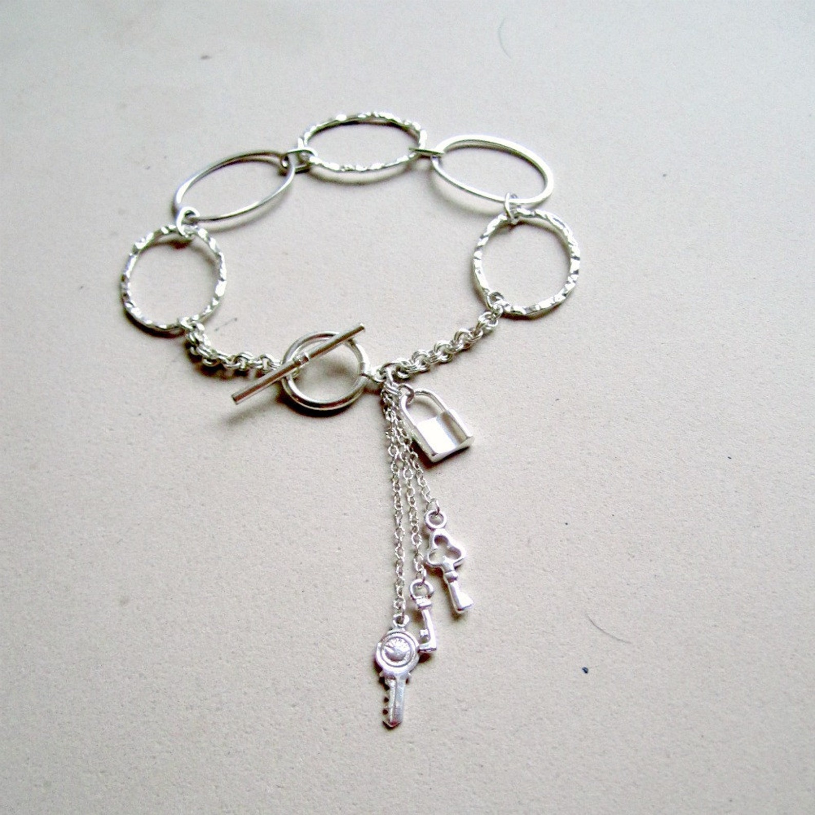 Sterling Silver Link Bracelet With Lock and Key Charms, 7.5 Inch - Etsy