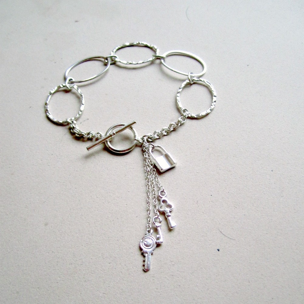 Silver Link Bracelet With Lock and Key Charms Wedding Jewelry Chain ...