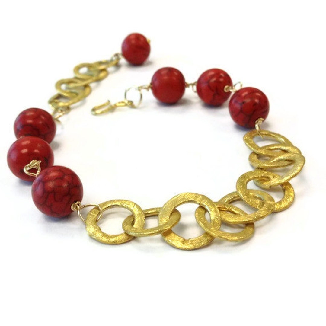 Red Bracelet - Howlite and Gold Jewelry - Natural Gemstone Jewellery ...