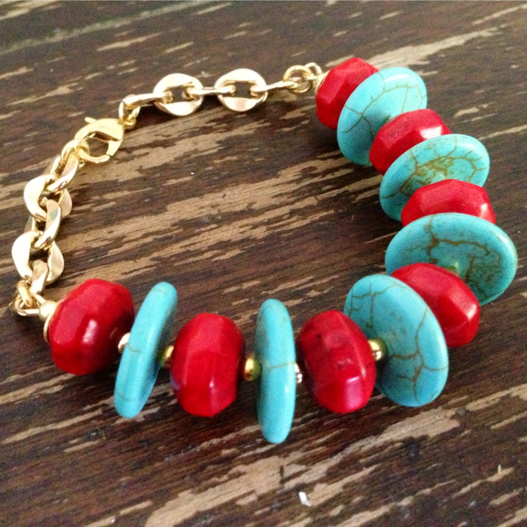 Turquoise and Red Bracelet - Gold Jewelry - Gemstone Jewellery - Chain ...