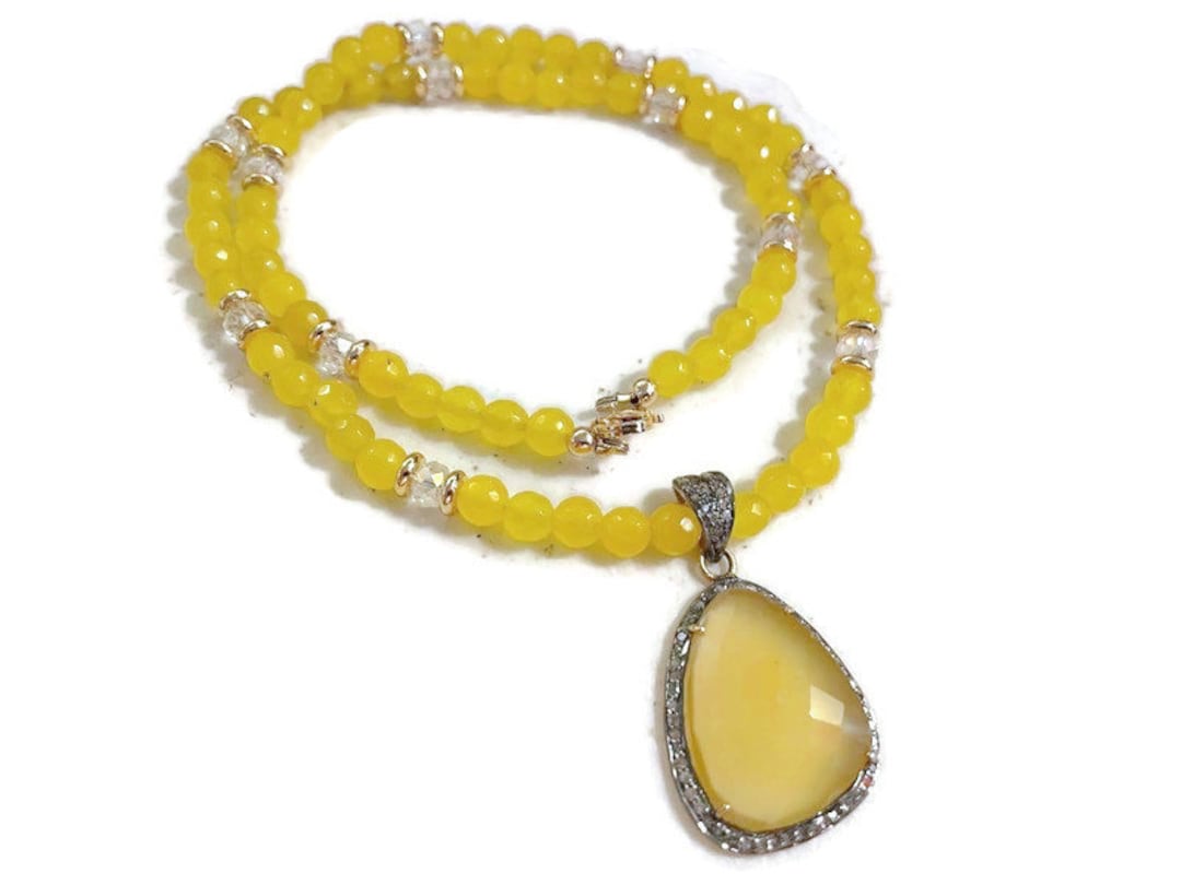 Yellow Jade Necklace - Chalcedony Diamond Pendant, Gold Filled - Etsy