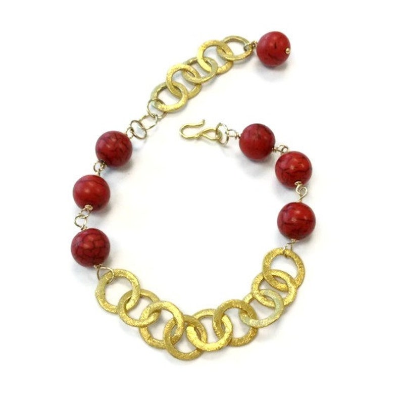 Red Bracelet Howlite and Gold Jewelry Natural Gemstone | Etsy