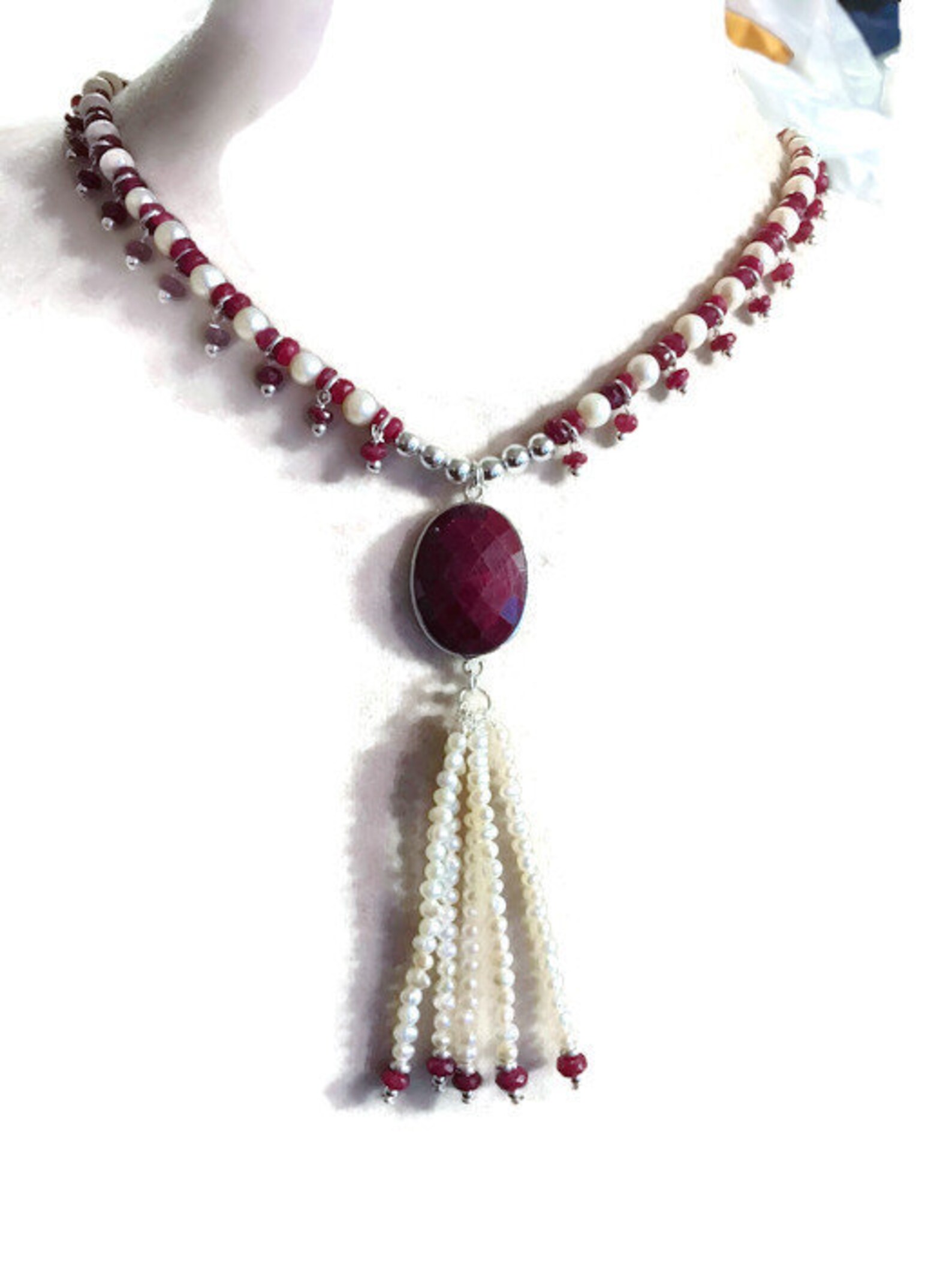 Handmade Ruby & Pearl Necklace - Sterling Silver Tassel Jewelry - Etsy