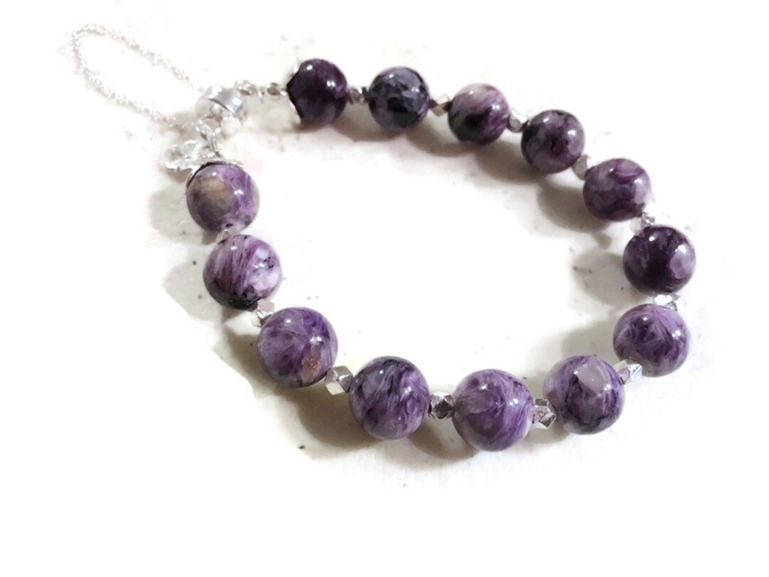 Charoite Gemstone Bracelet - Sterling Silver, Butterfly Charm, 7.5 Inch ...