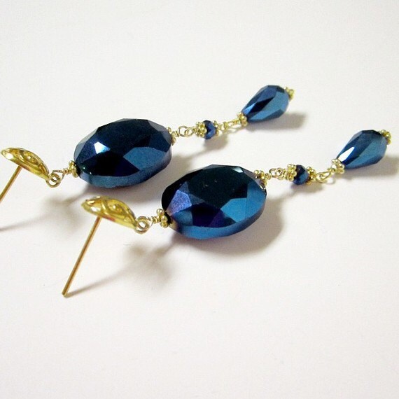 Blue Crystal Dangle Earrings - 24k Gold Vermeil, Filigree - Etsy