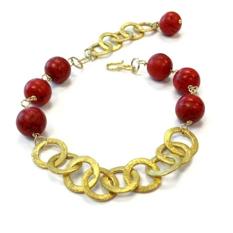 Red Bracelet Howlite and Gold Jewelry Natural Gemstone | Etsy