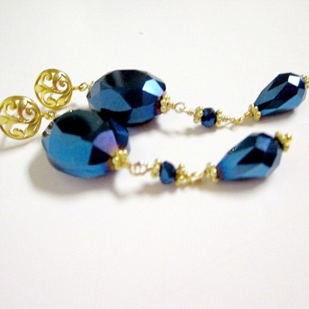 Blue Crystal Dangle Earrings - 24k Gold Vermeil, Filigree - Etsy